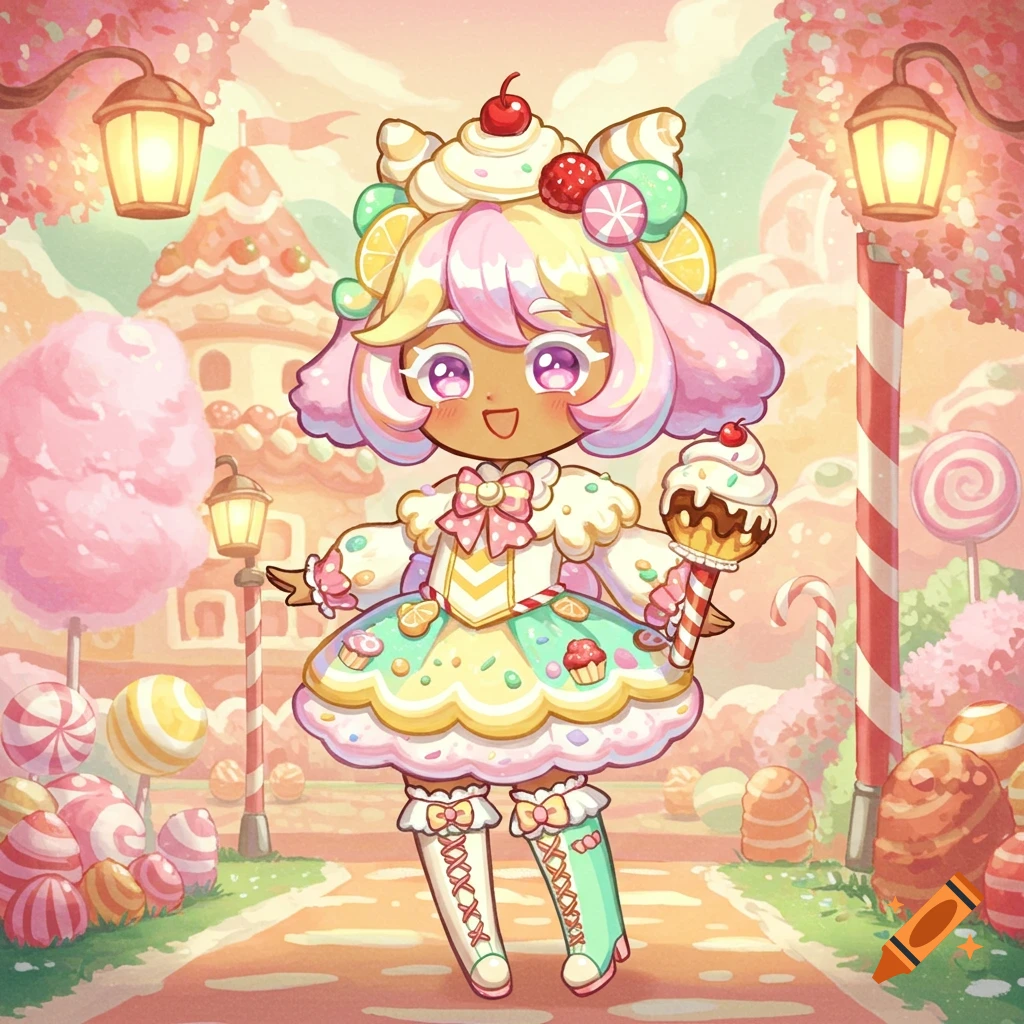 Cute chibi character with pastel hair in a dessert-themed dress ...