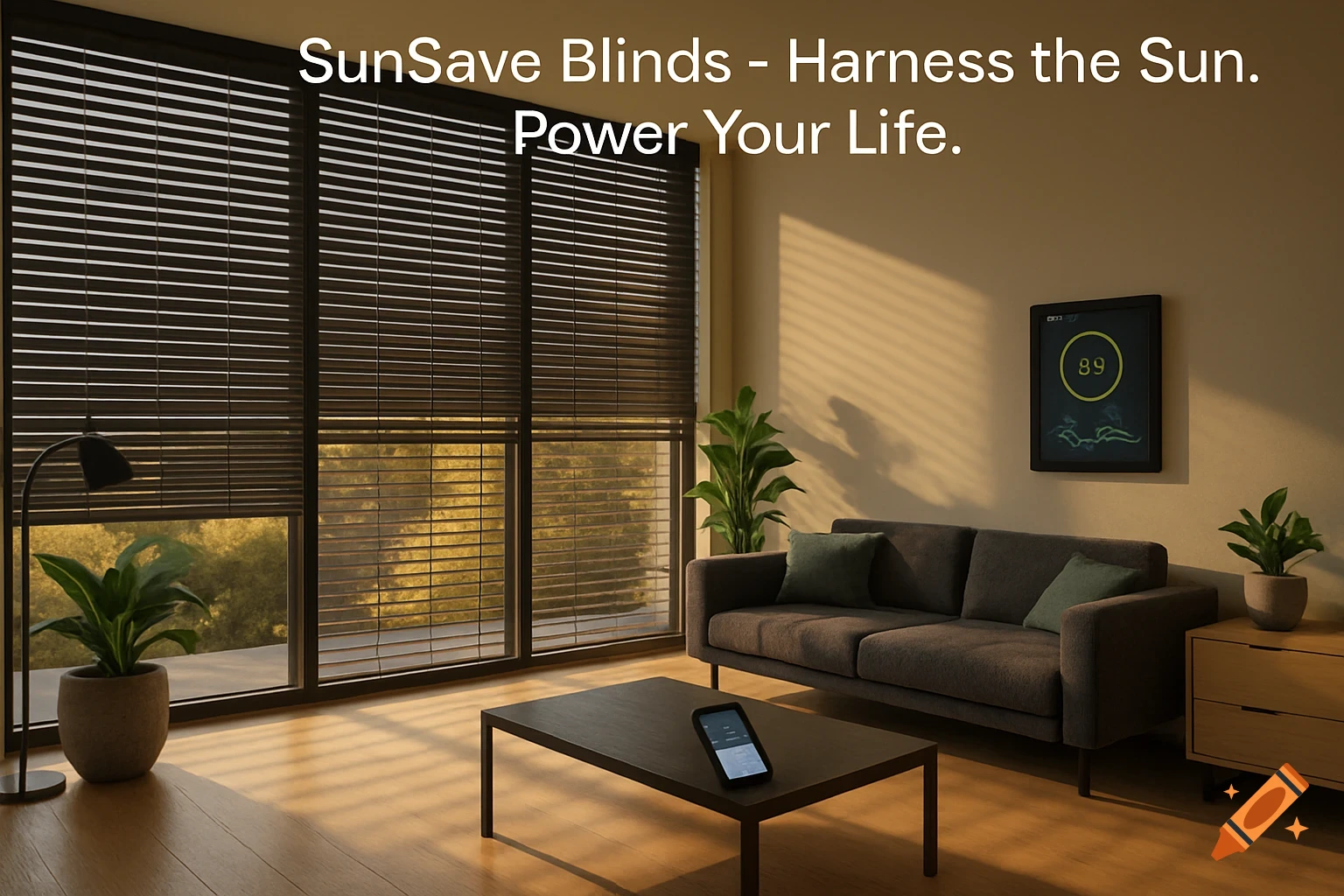 Modern living room with floor-to-ceiling windows, solar blinds, and a smart energy display. Text ...