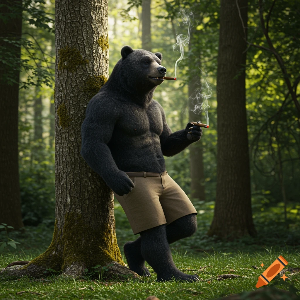 A photorealistic anthropomorphic black bear man, muscular and in shorts, leans on a tree in a ...