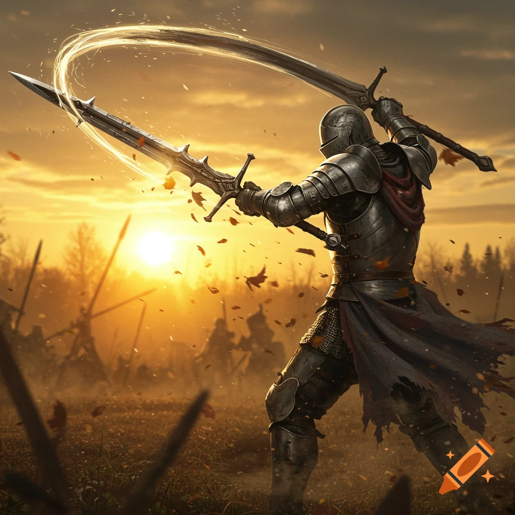 A knight in full plate armor swings a two-handed sword on a battlefield at sunset. on Craiyon