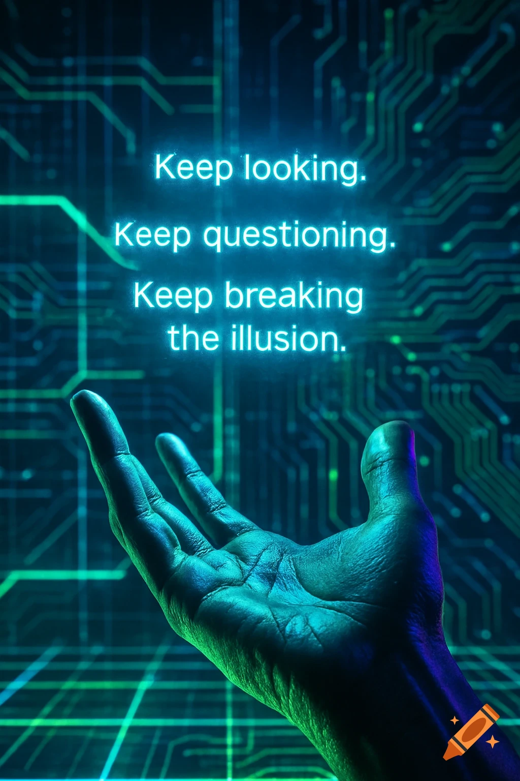 A hand reaching forward against a neon circuit board, with glowing text ...