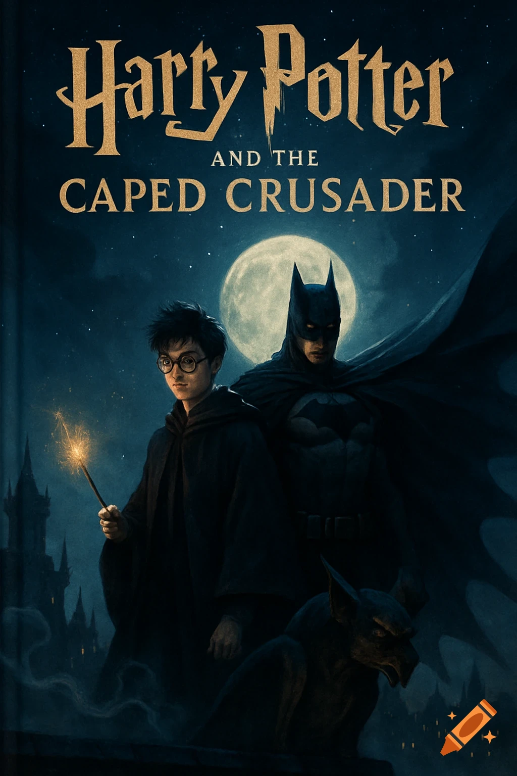A dark fantasy book cover showing Harry Potter with a wand and Batman ...
