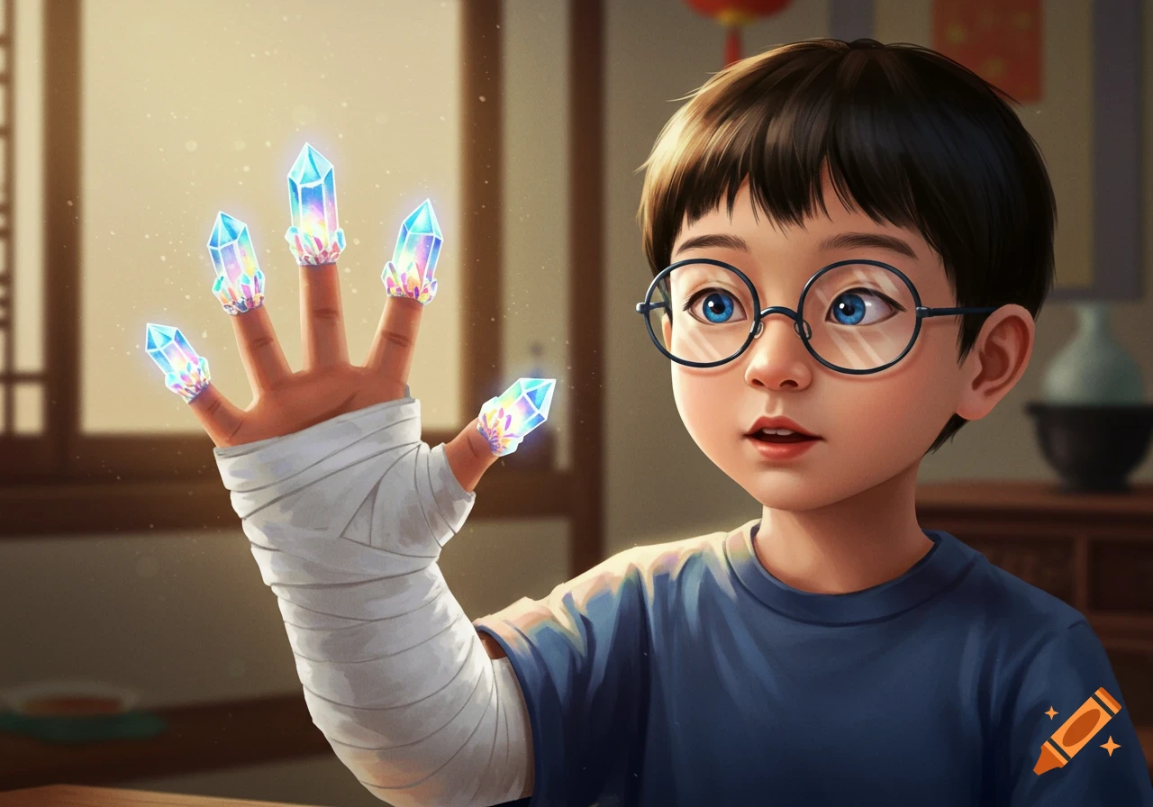 An illustration of a young Chinese boy with blue glasses and a cast on ...