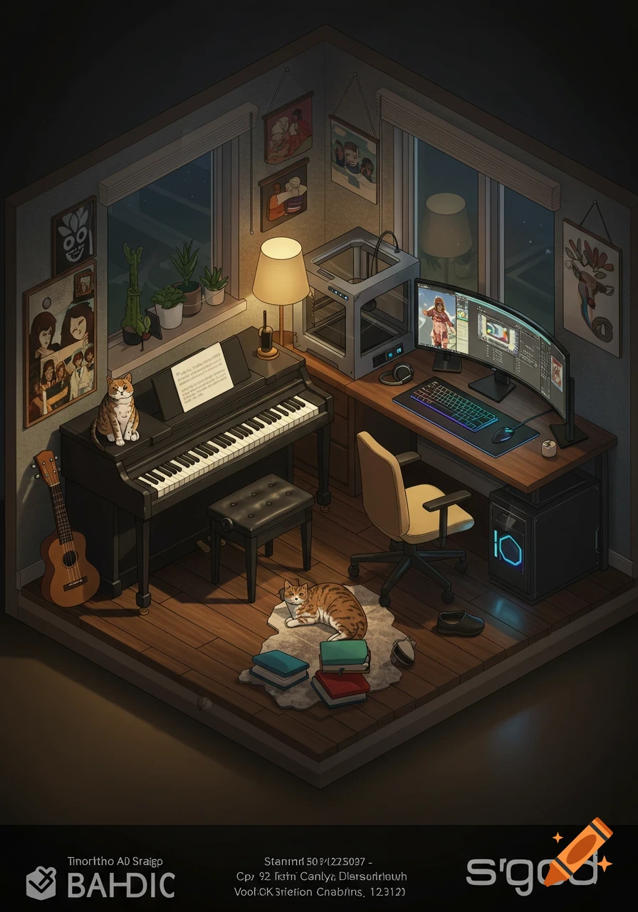 Isometric orthographic illustration of a cozy room with a cat on a ...