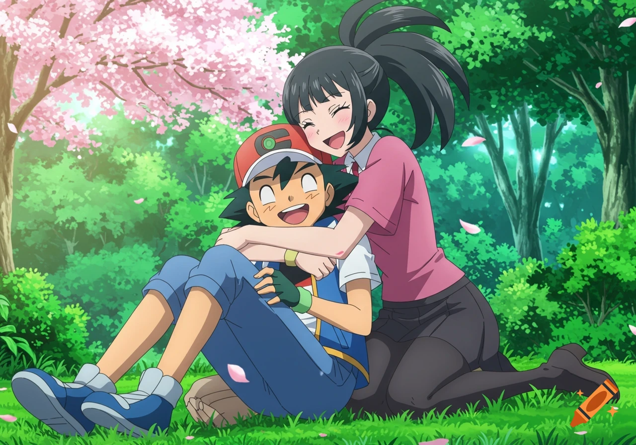 Anime drawing of Ash Ketchum hugging a girl resembling Momo Yaoyorozu ...