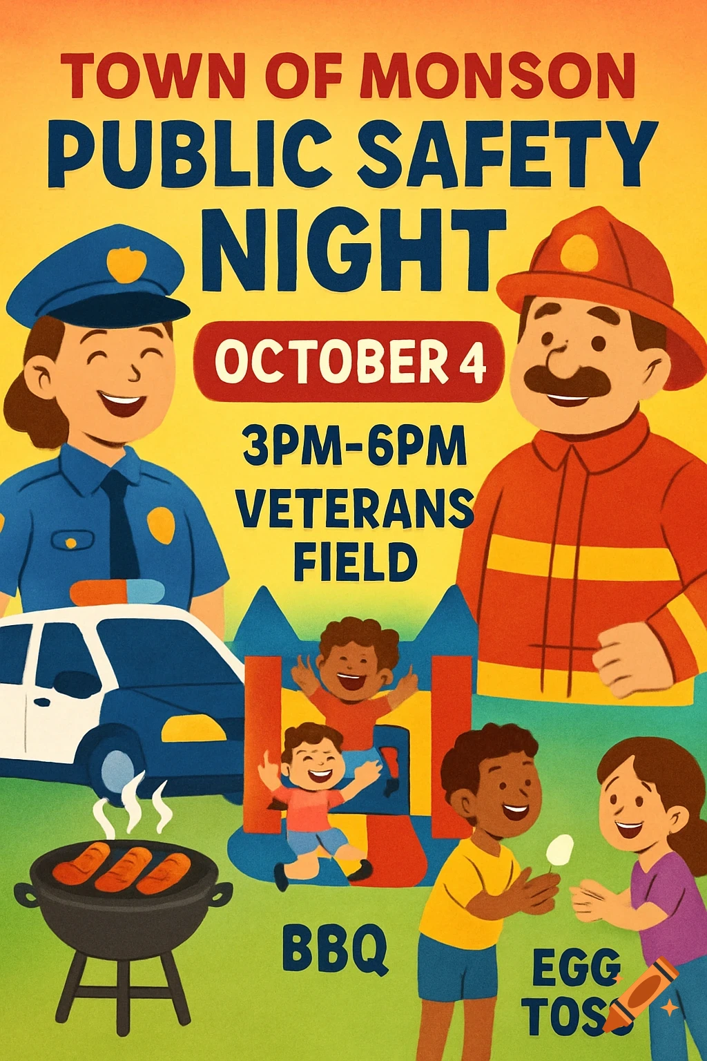 A colorful cartoon flyer for 'Town of Monson Public Safety Night'. It ...