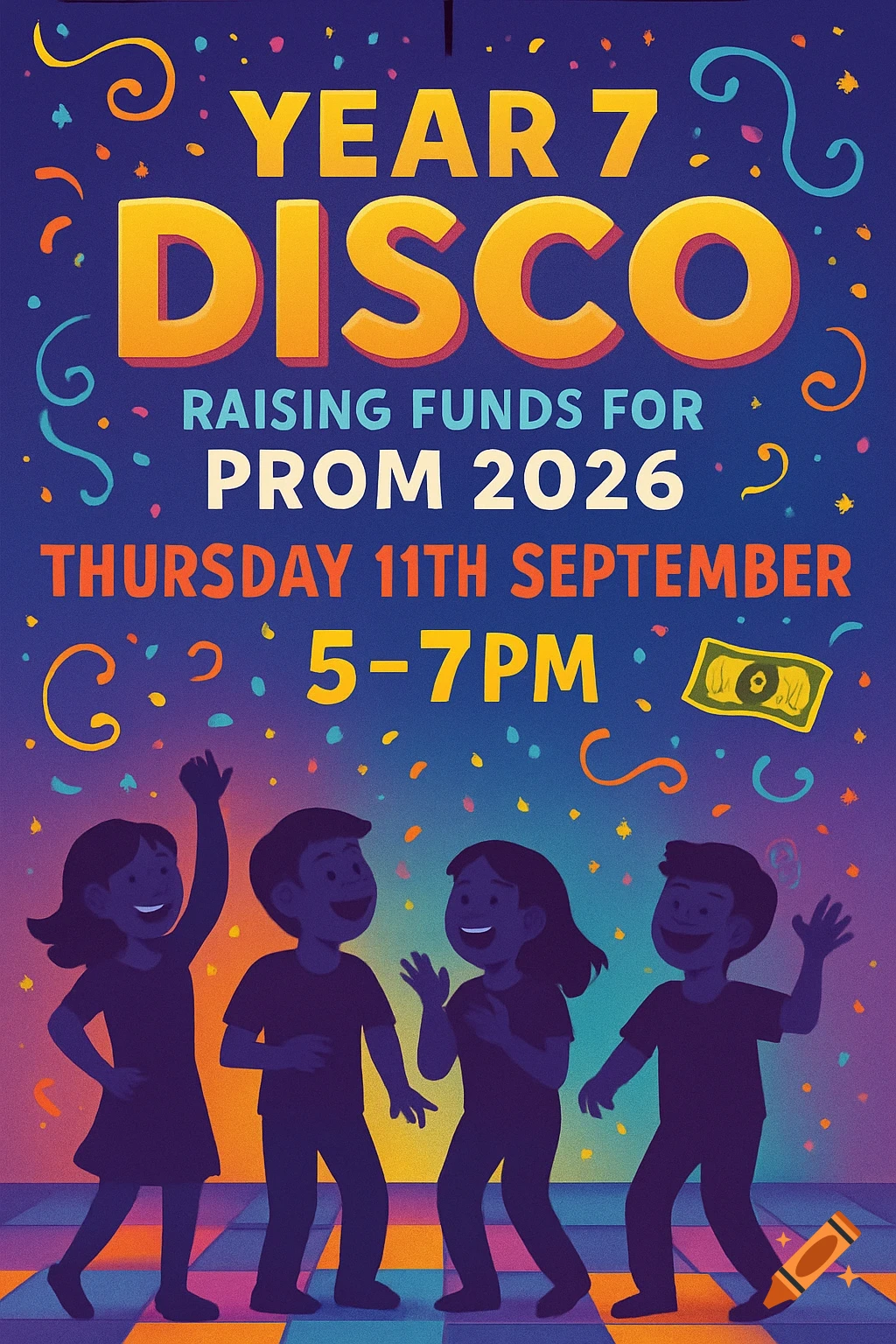 A colorful school disco poster for Year 7, featuring cartoon ...
