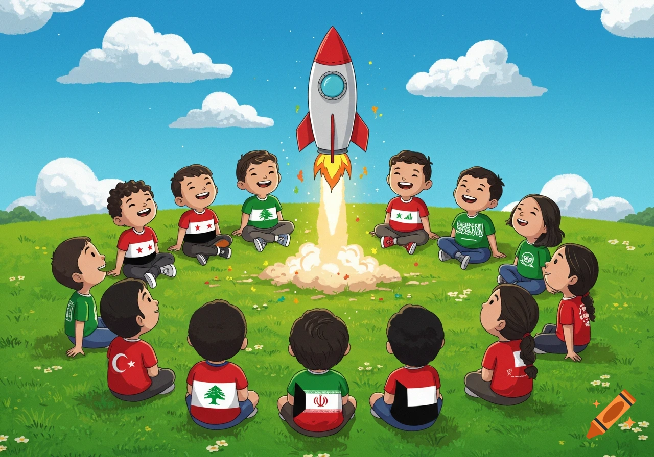 Cheerful cartoon children sit in a circle on green grass, excitedly ...