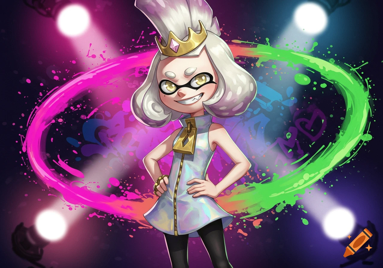 A vibrant Splatoon Inkling falls through a colorful vortex of ink and ...