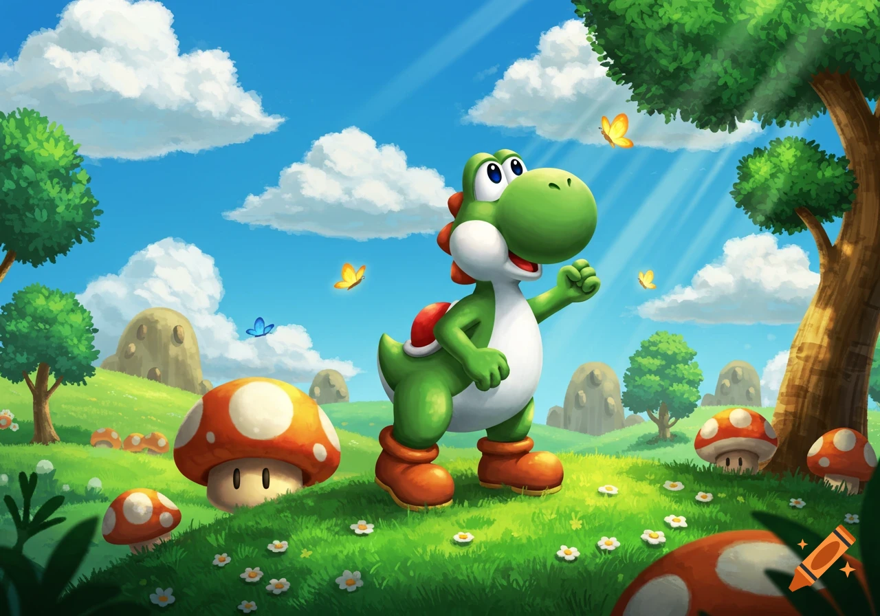 Yoshi stands on a pedestal in a vibrant nebula, surrounded by small ...