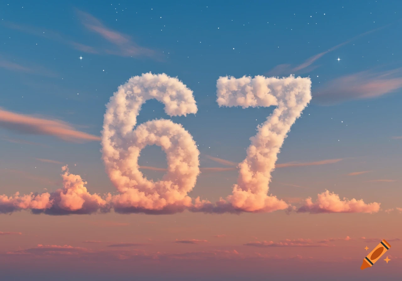 Clouds shaped like the numbers 67 float in a clear blue sky above a ...