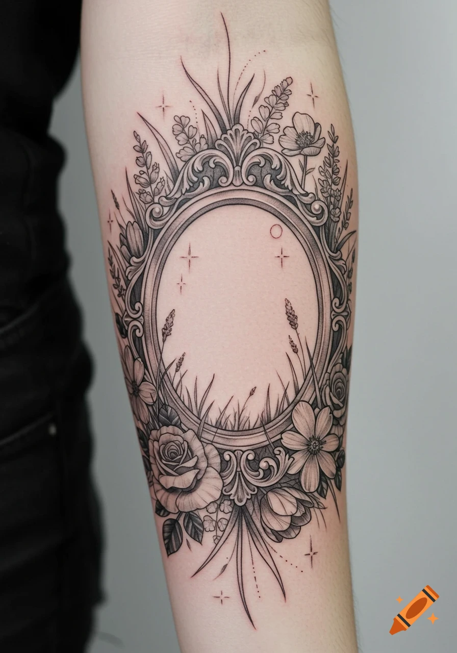 Black and grey forearm tattoo of a vintage gothic oval frame with ...
