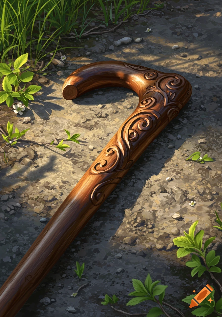 A detailed wooden walking stick with carved patterns lies on a dirt ...