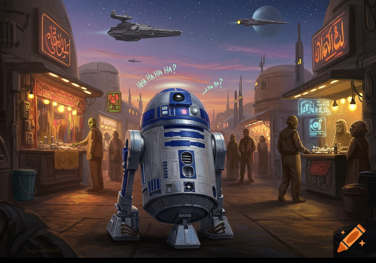 R2D2 stands prominently in a bustling alien market at dusk, with ...