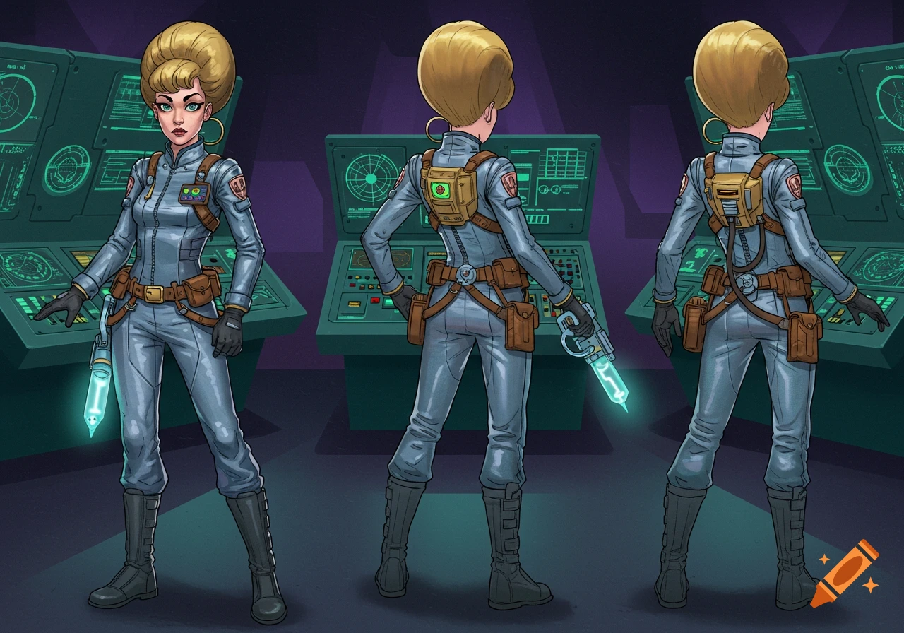 A concept sheet shows a retro-futuristic female ghost-hunter in a grey ...