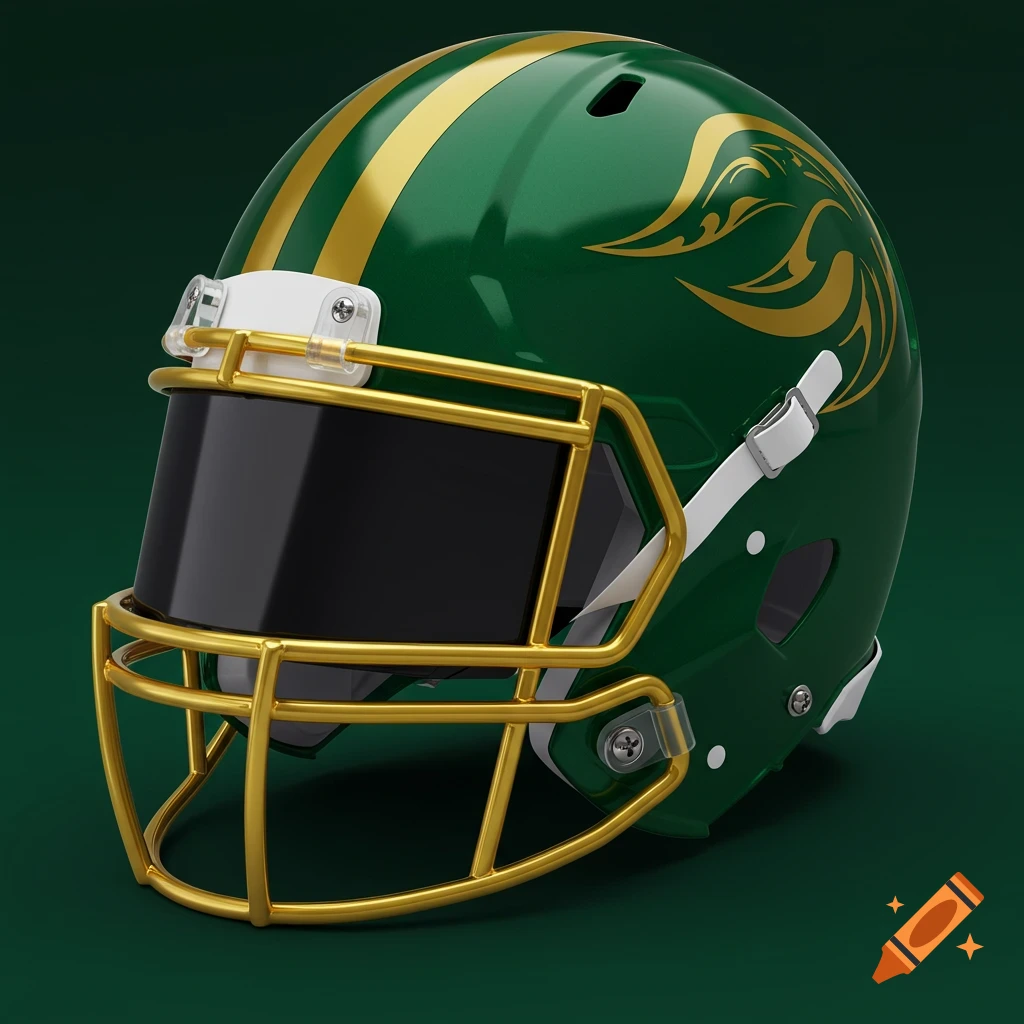 A black football helmet with a red and gold logo featuring a bandit ...