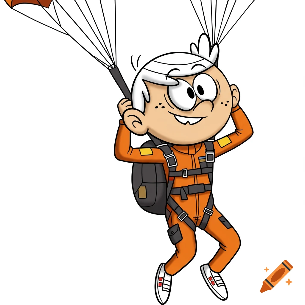 Cartoon boy Lincoln Loud in a tuxedo and orange parachute, smiling on a ...
