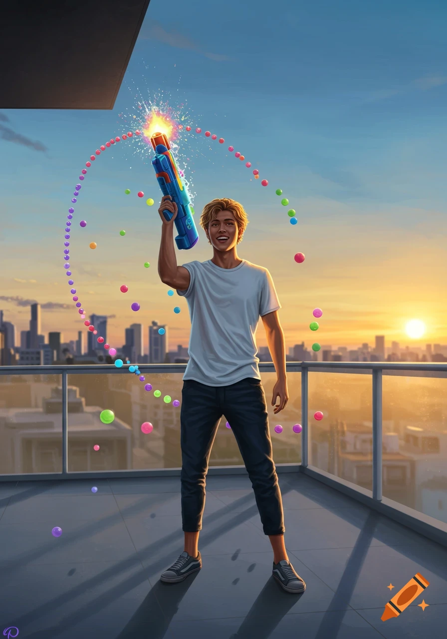 A young man holding an Orbeez gun on a balcony with a city skyline at ...