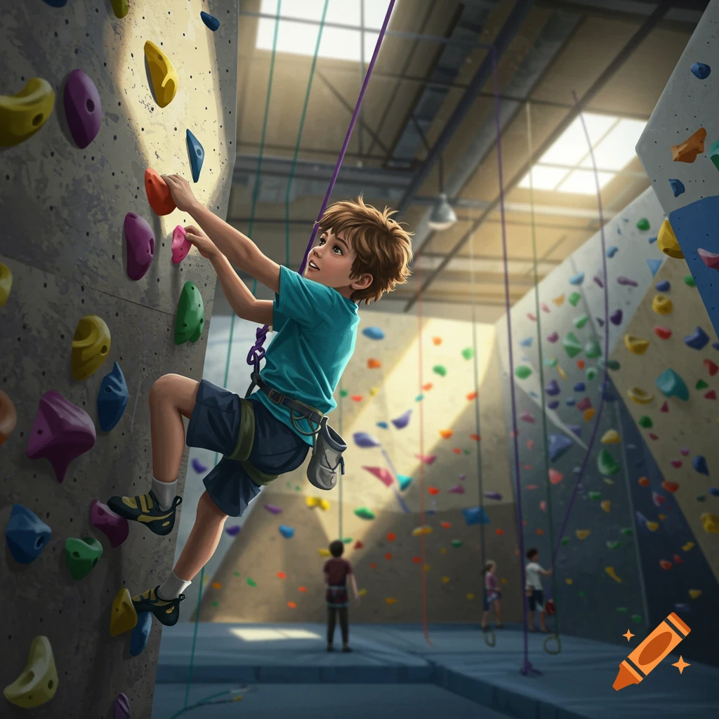 Minecraft-style block figures rock climbing on colorful holds in an ...