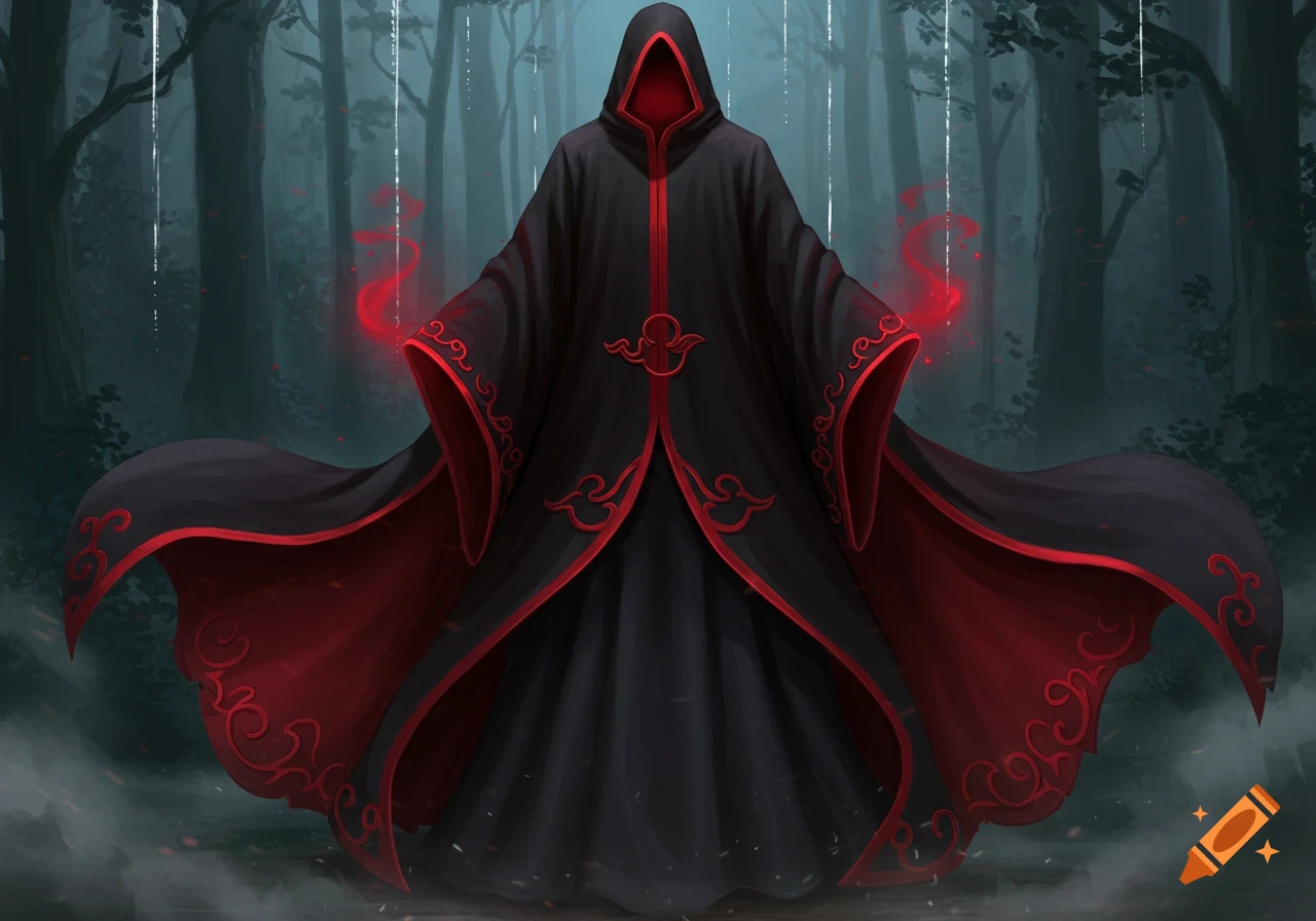 A mysterious hooded figure in black and red robes with glowing red ...