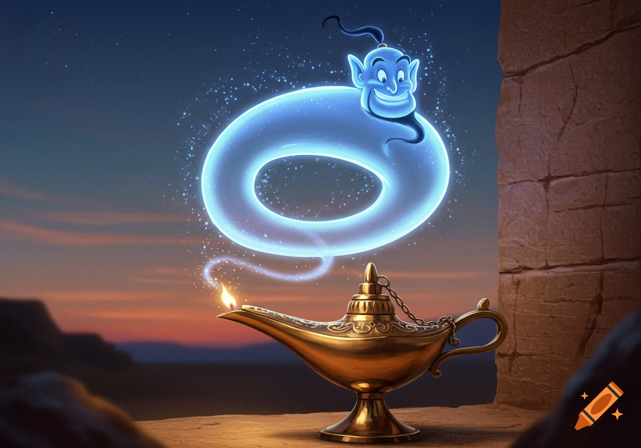 A blue translucent genie floats above a golden magic lamp against a ...