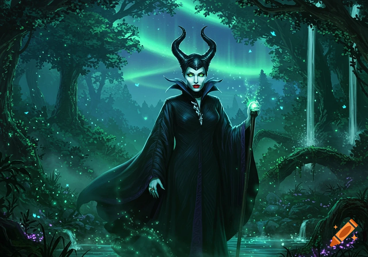 A watercolor painting of a Maleficent-inspired character with black ...
