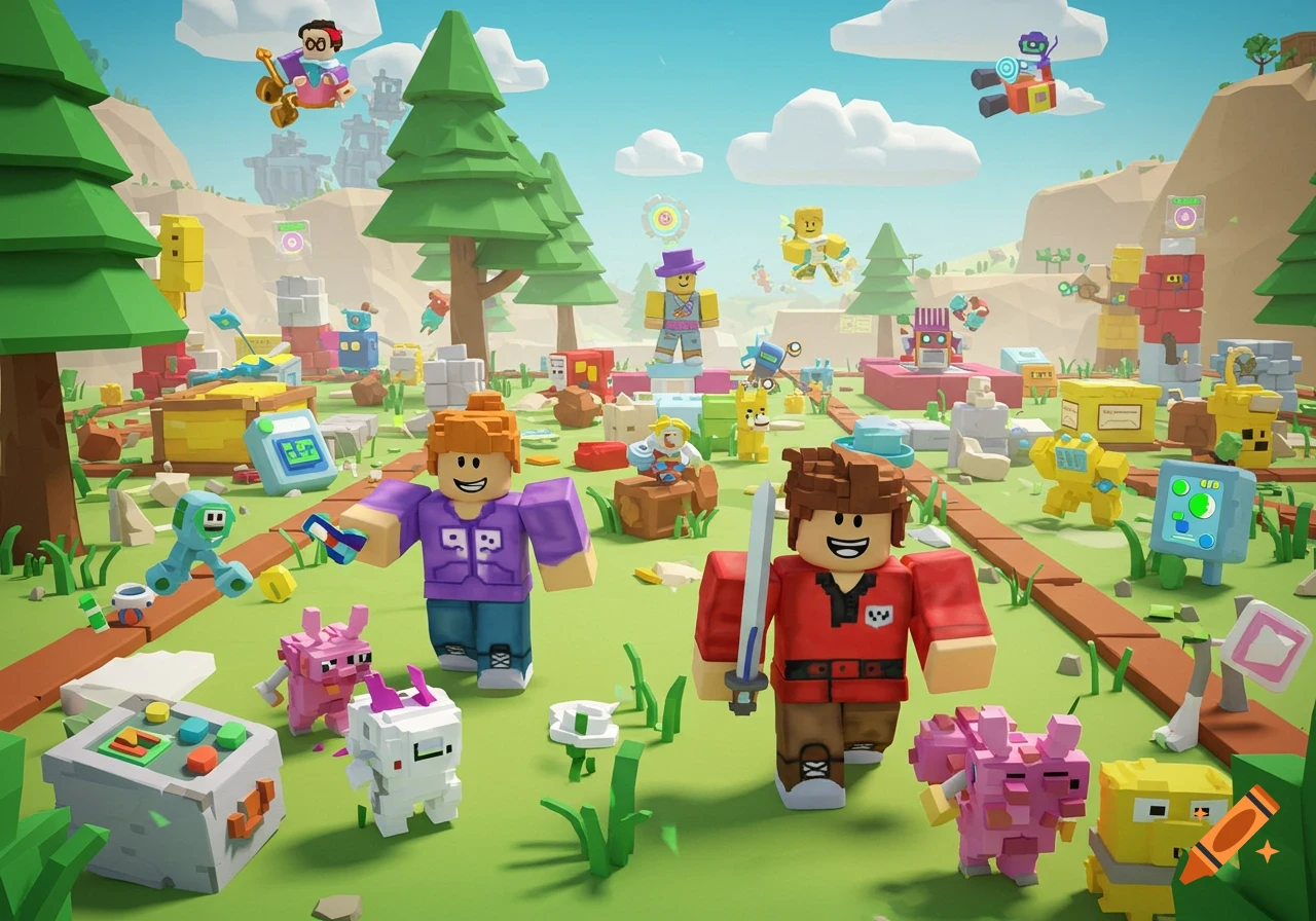 Colorful 3D render of blocky characters similar to Roblox avatars in a vibrant, playful ...
