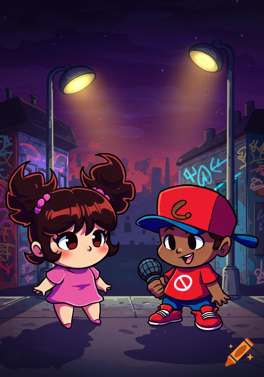 Chibi-style Nene in a pink dress and Darnell in a red cap holding a ...