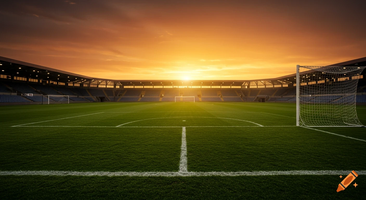 Wide-angle view of an empty football stadium field and stands at sunset ...
