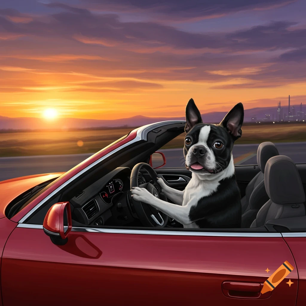 A Boston Terrier dog driving a red convertible car on a road at sunset ...