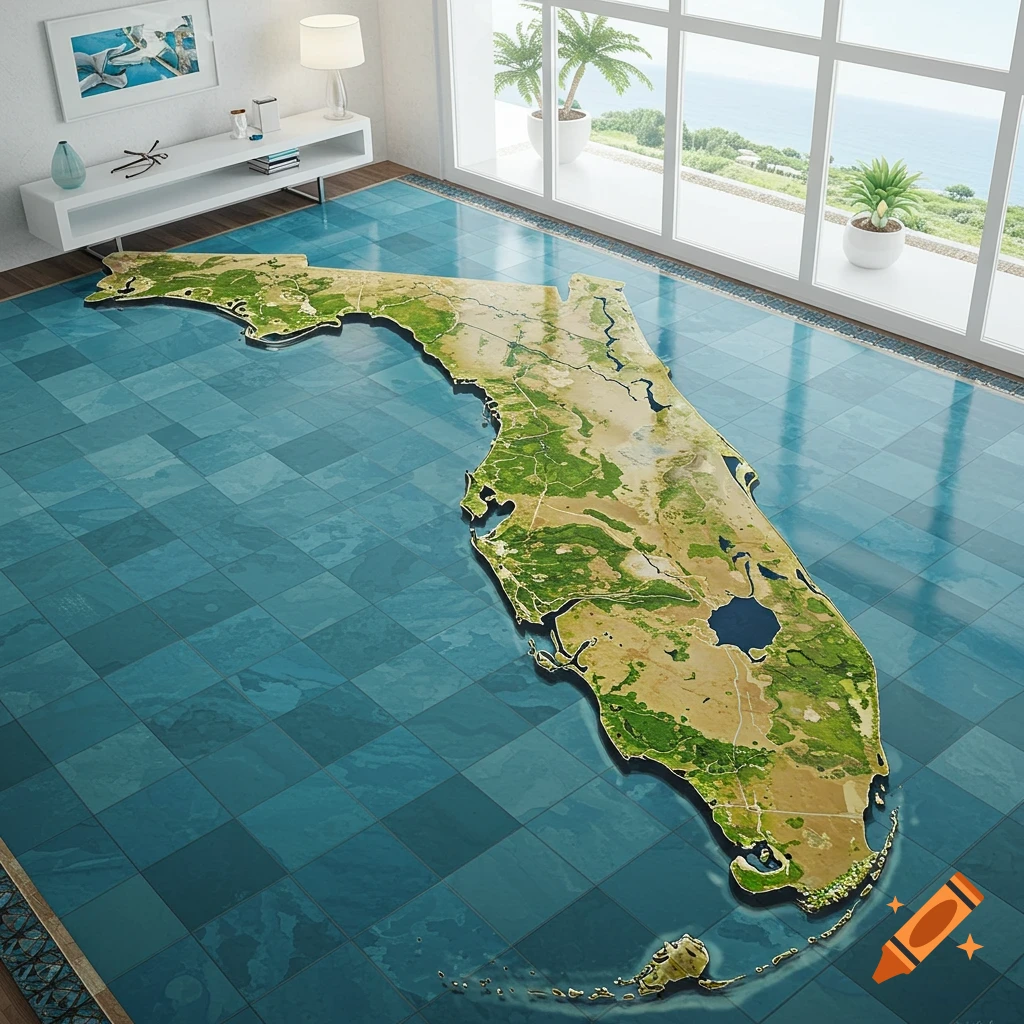 A photorealistic rendering of a map of Florida state as an elevated ...