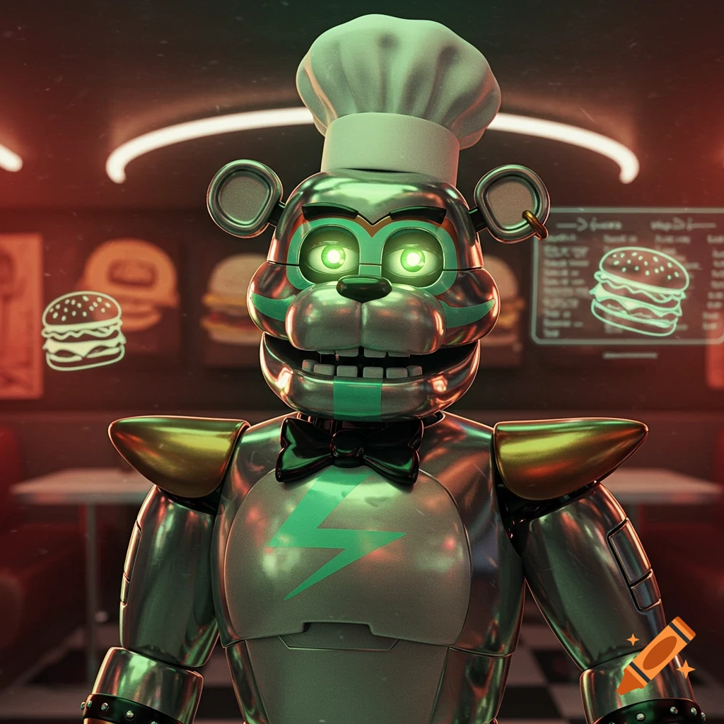 A metallic animatronic bear in a chef's hat and bowtie with glowing ...