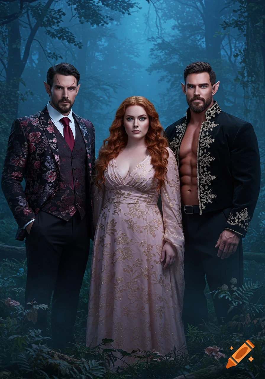 Three fae characters, two men and one woman with red hair, stand in an ...