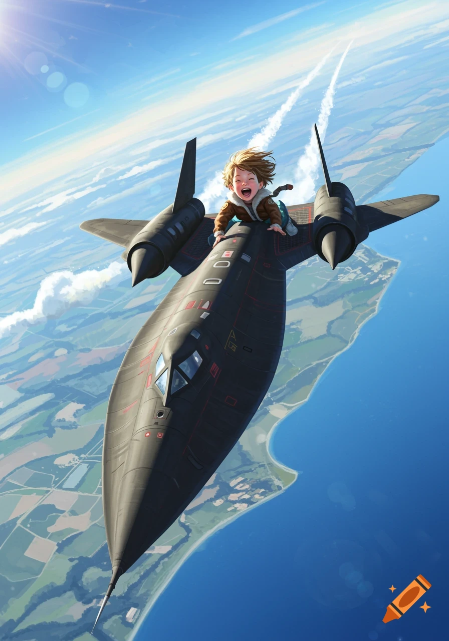 A joyful cartoon boy rides atop a black SR-71 jet high in a sunny blue ...