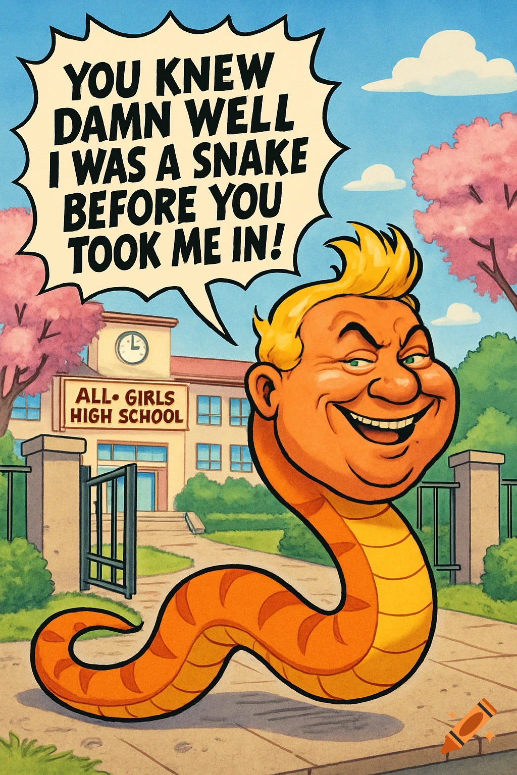 Cartoon of a smiling, orange-skinned man with yellow hair on a snake ...