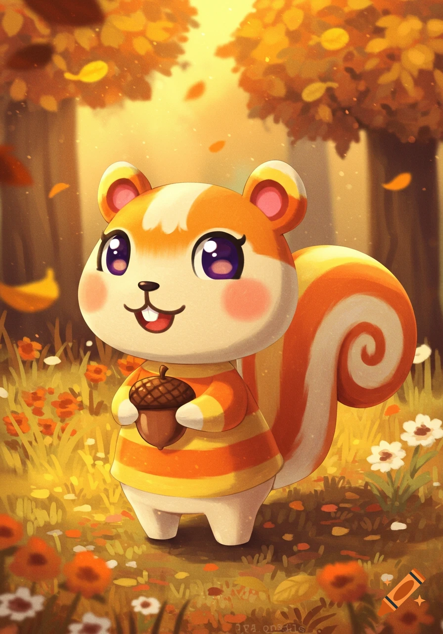 A cute, orange and white Animal Crossing squirrel wearing a striped ...