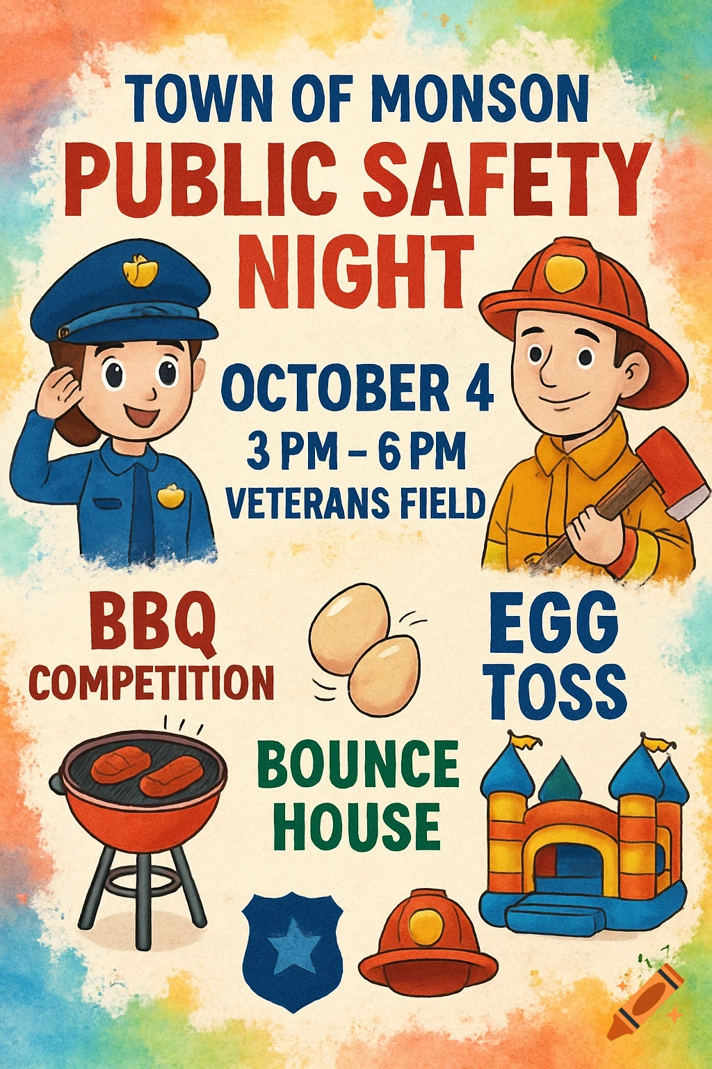 A colorful cartoon flyer for 'Town of Monson Public Safety Night'. It ...