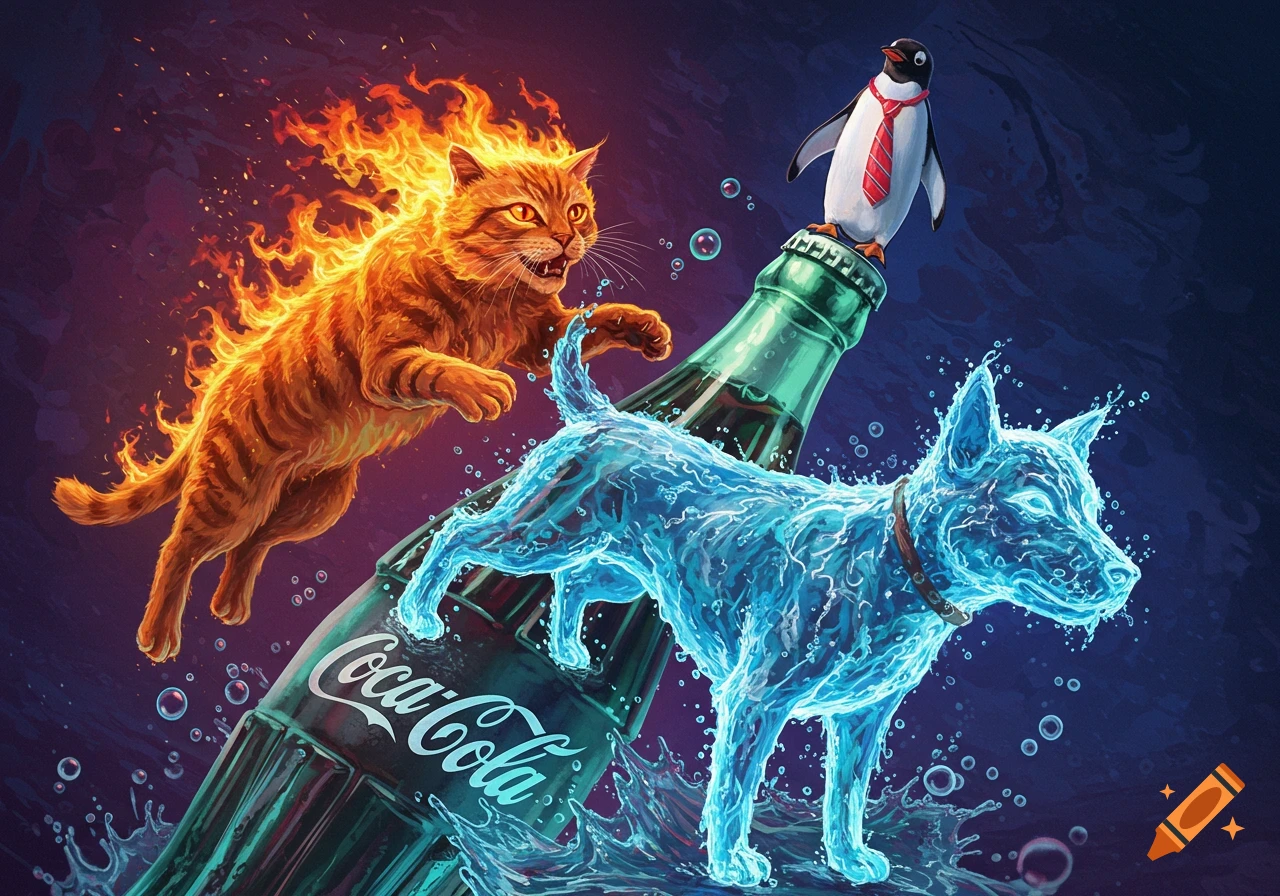 A fiery orange cat leaps towards a blue water dog, both on a Coca-Cola ...