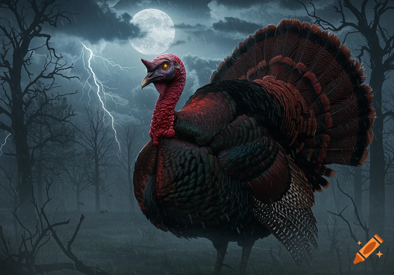 A menacing, dark turkey with glowing eyes stands in a stormy, moonlit ...