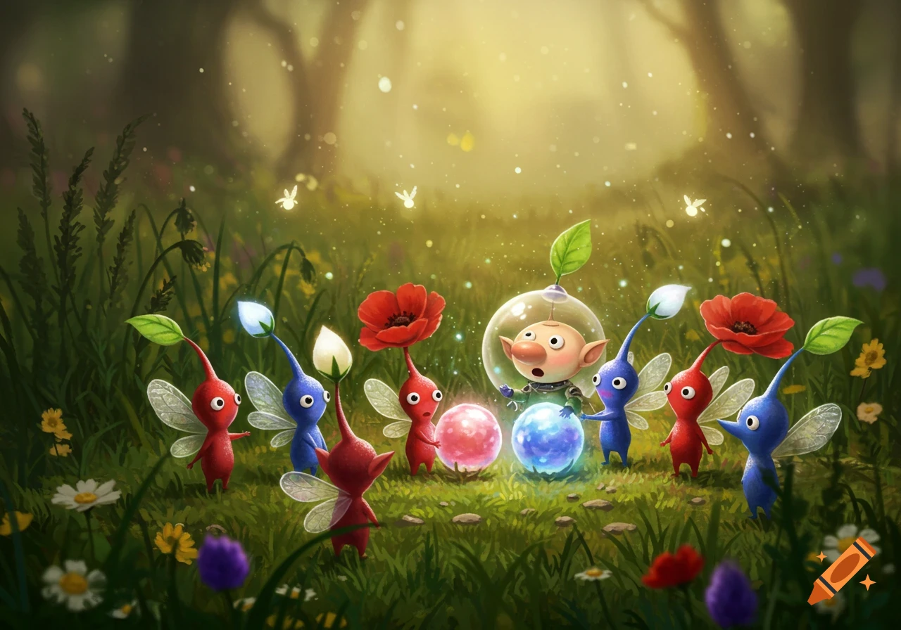 A yellow Pikmin works on a complex machine while a red Pikmin watches ...