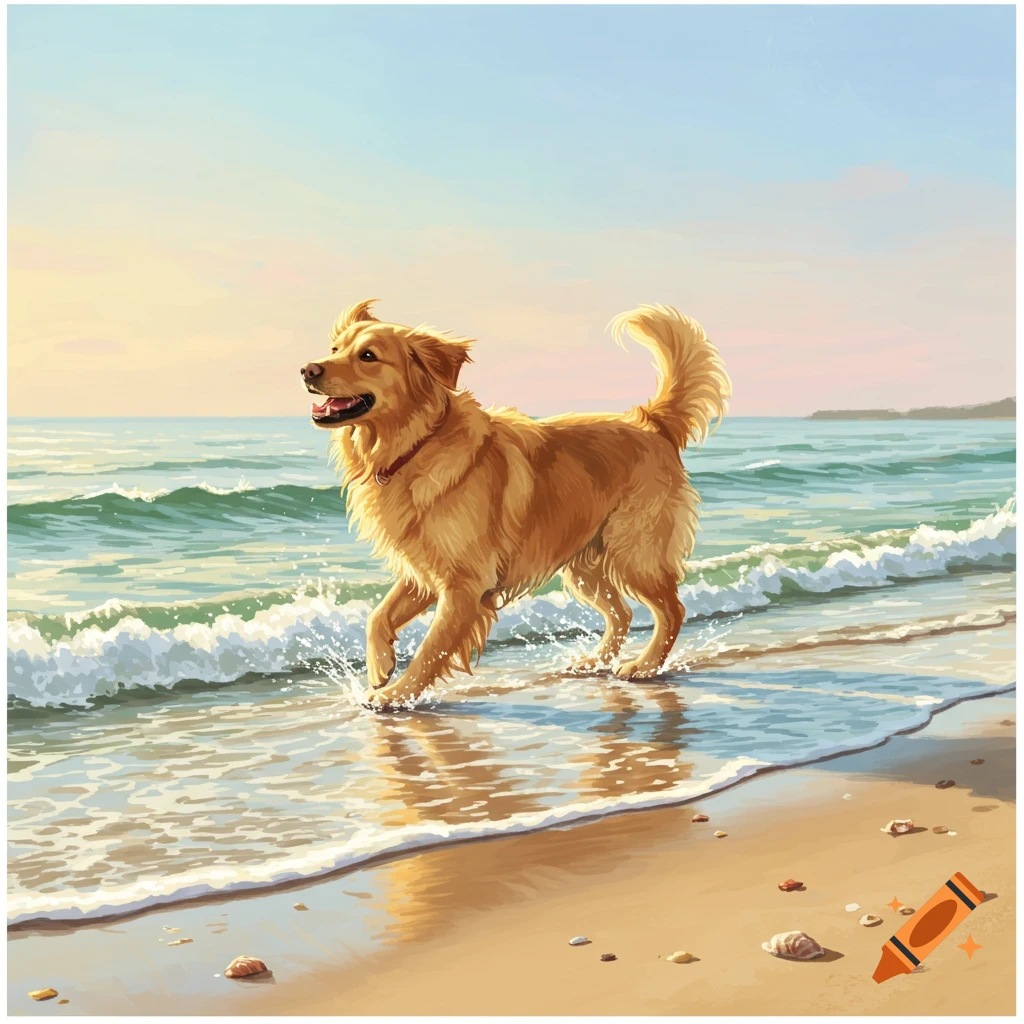 A golden retriever dog runs through the shallow ocean waves on a sandy beach, with a lighthouse ...