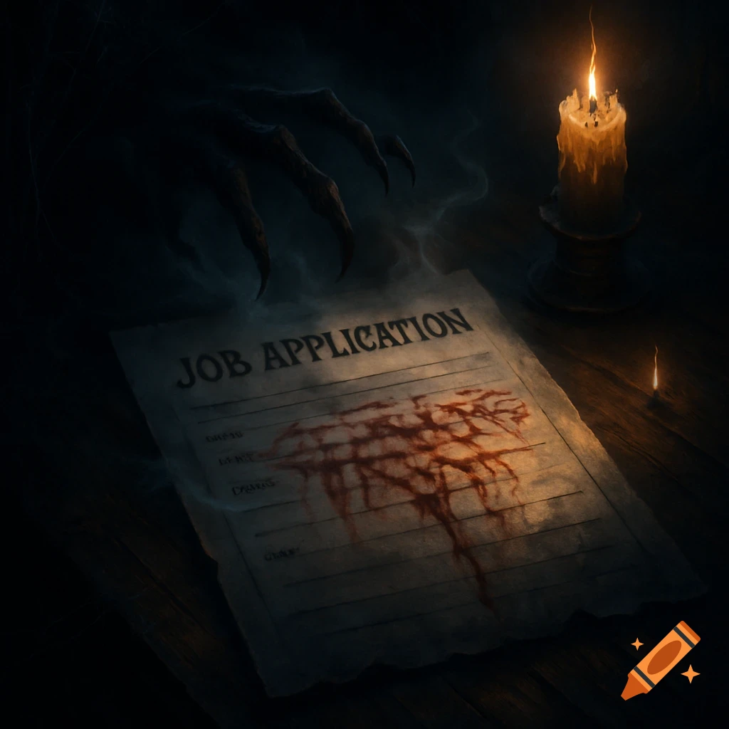 A monstrous, clawed hand hovers over a bloody "JOB APPLICATION" form on ...