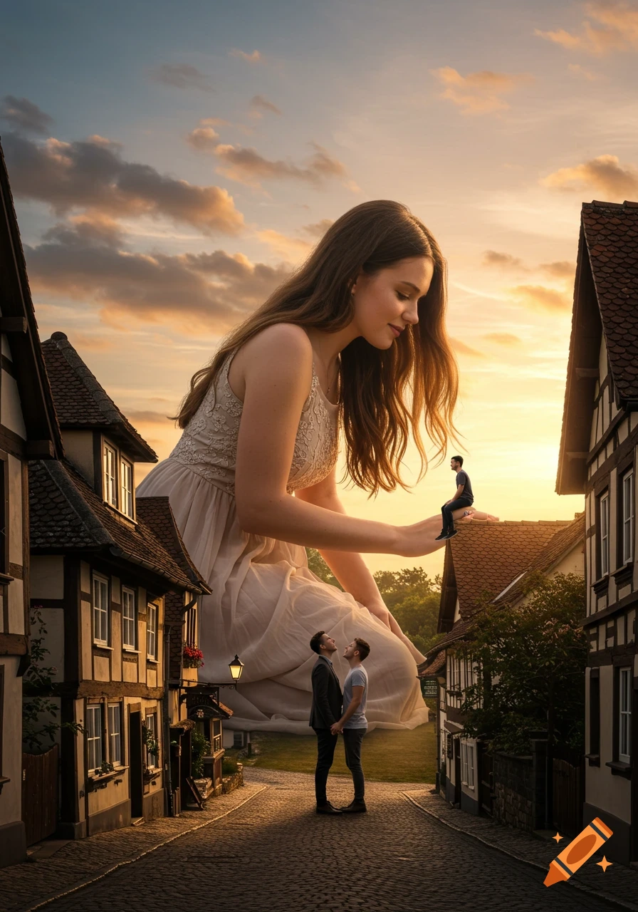 A giantess kneels in a quaint village street, looking at three tiny men ...