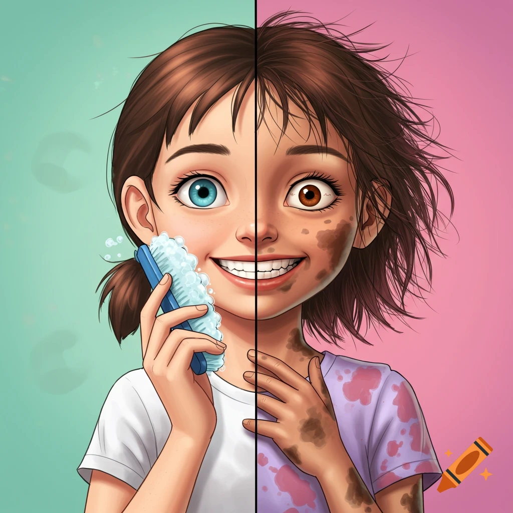 A cartoon girl with pigtails and a pink shirt spits a stream of water ...