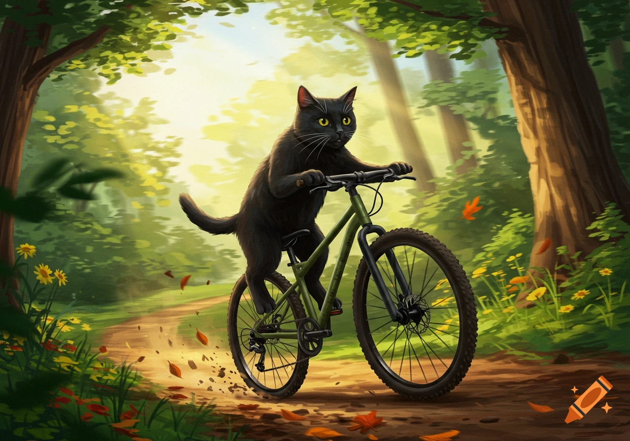 A black cat rides an army green mountain bike down a sunlit forest path ...