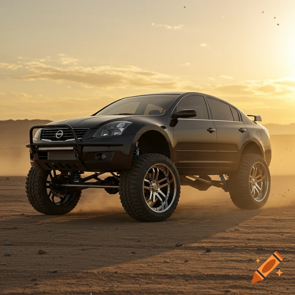 A black Nissan Altima with a large lift kit, huge off-road tires, and a ...