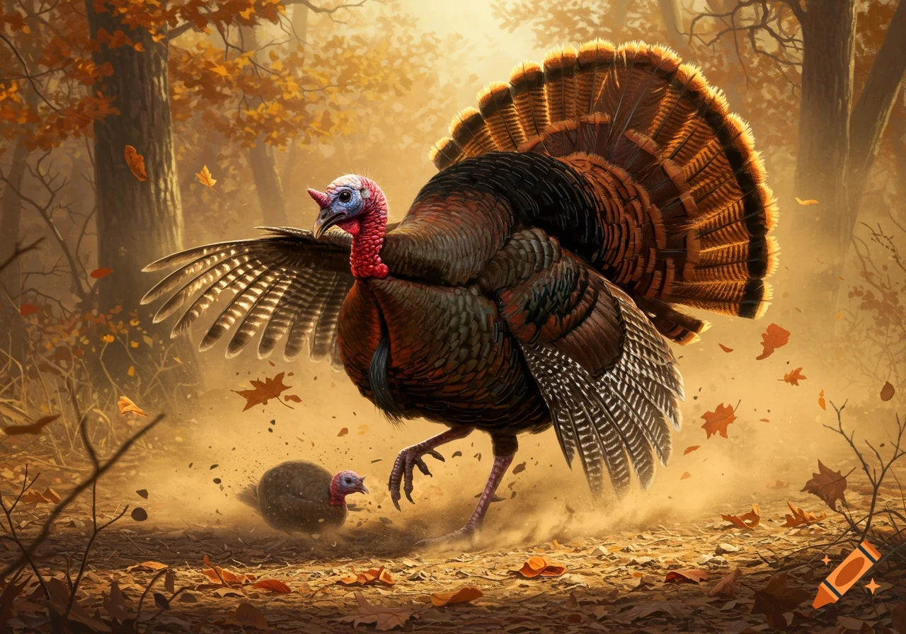 A large wild turkey spreads its wings and kicks up dust in an autumn ...