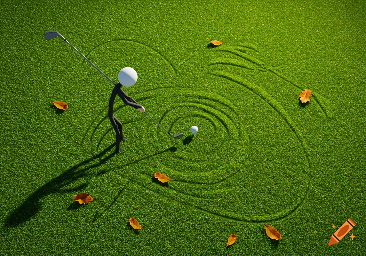 A minimalist 3D render of a white stick figure playing golf on a green ...