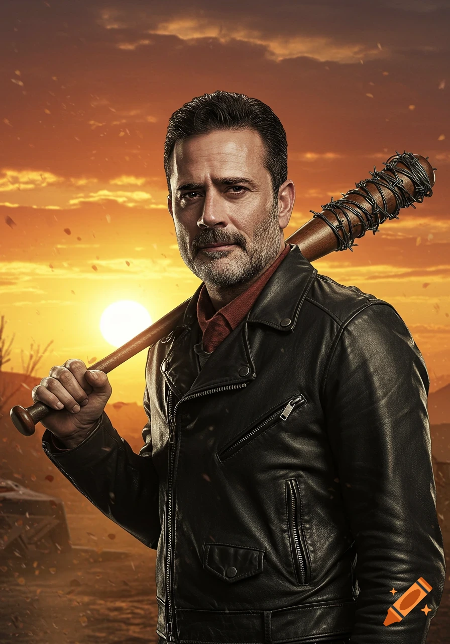 A man in a leather jacket holds a barbed wire baseball bat over his ...