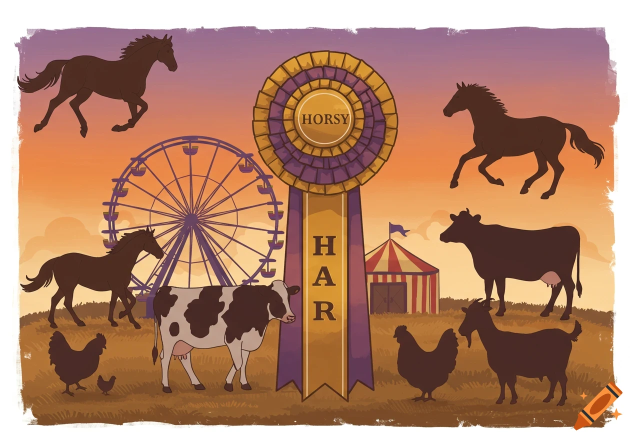 An illustration of a county fair with a large purple and gold horse ...